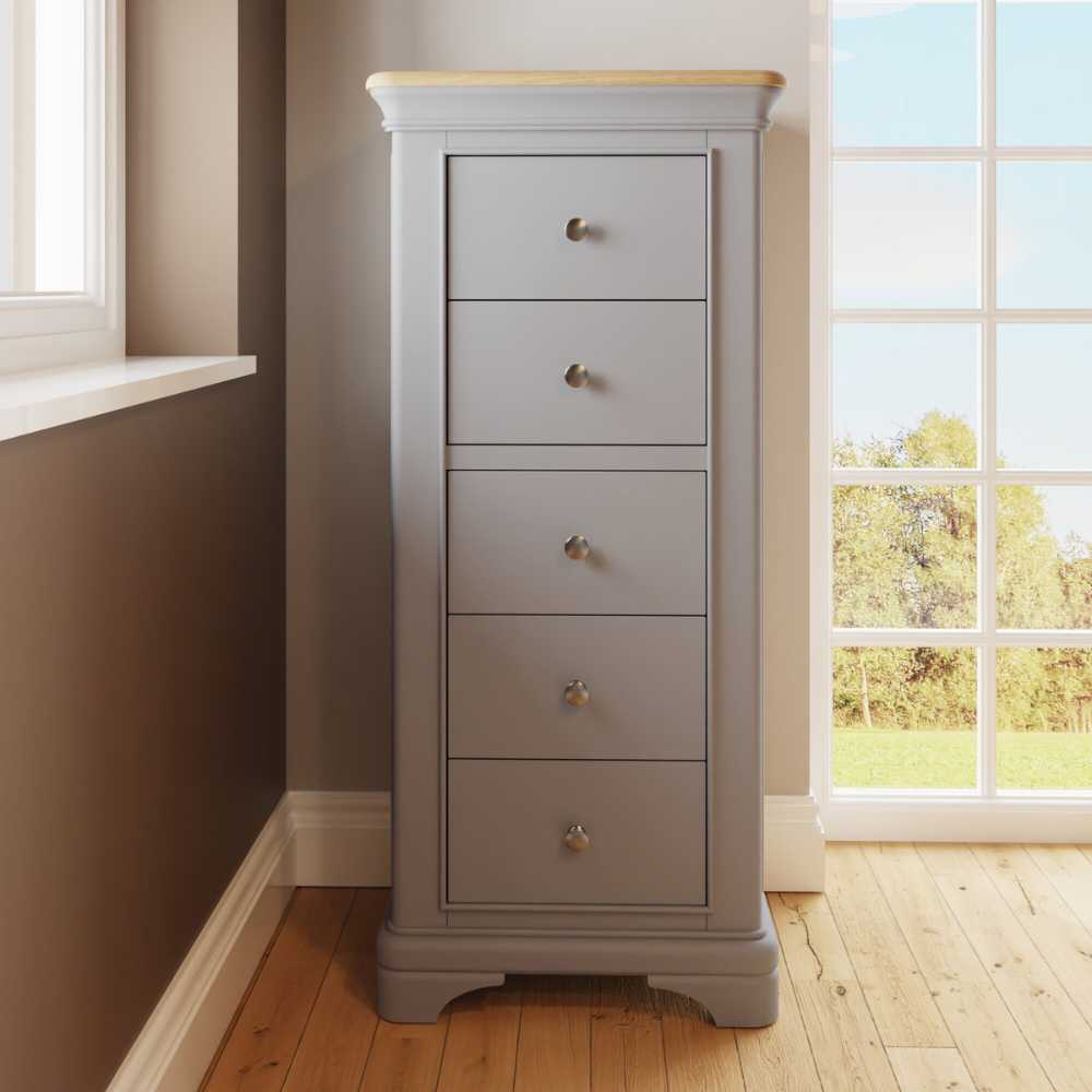 The Serenity 5 Drawer Tall Chest Dove Grey Inside Out Living